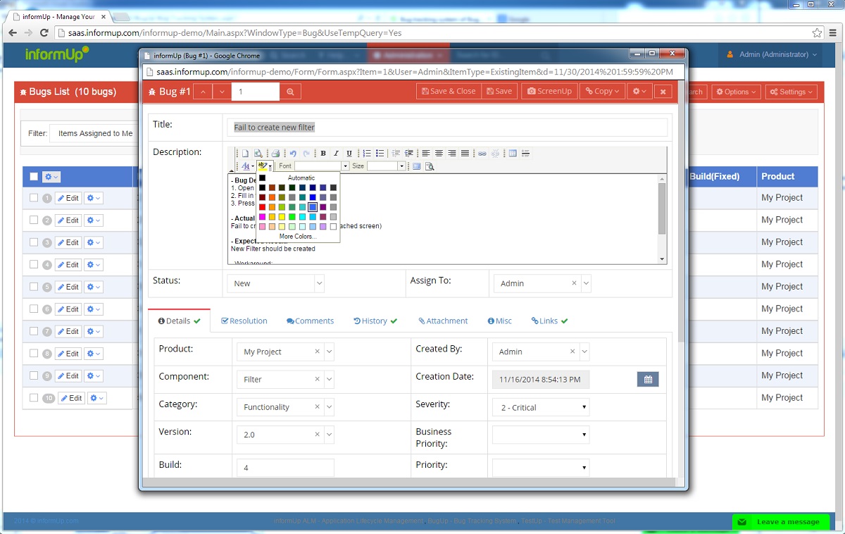 Bug Tracking System Of InformUp BugUp Tracker Software